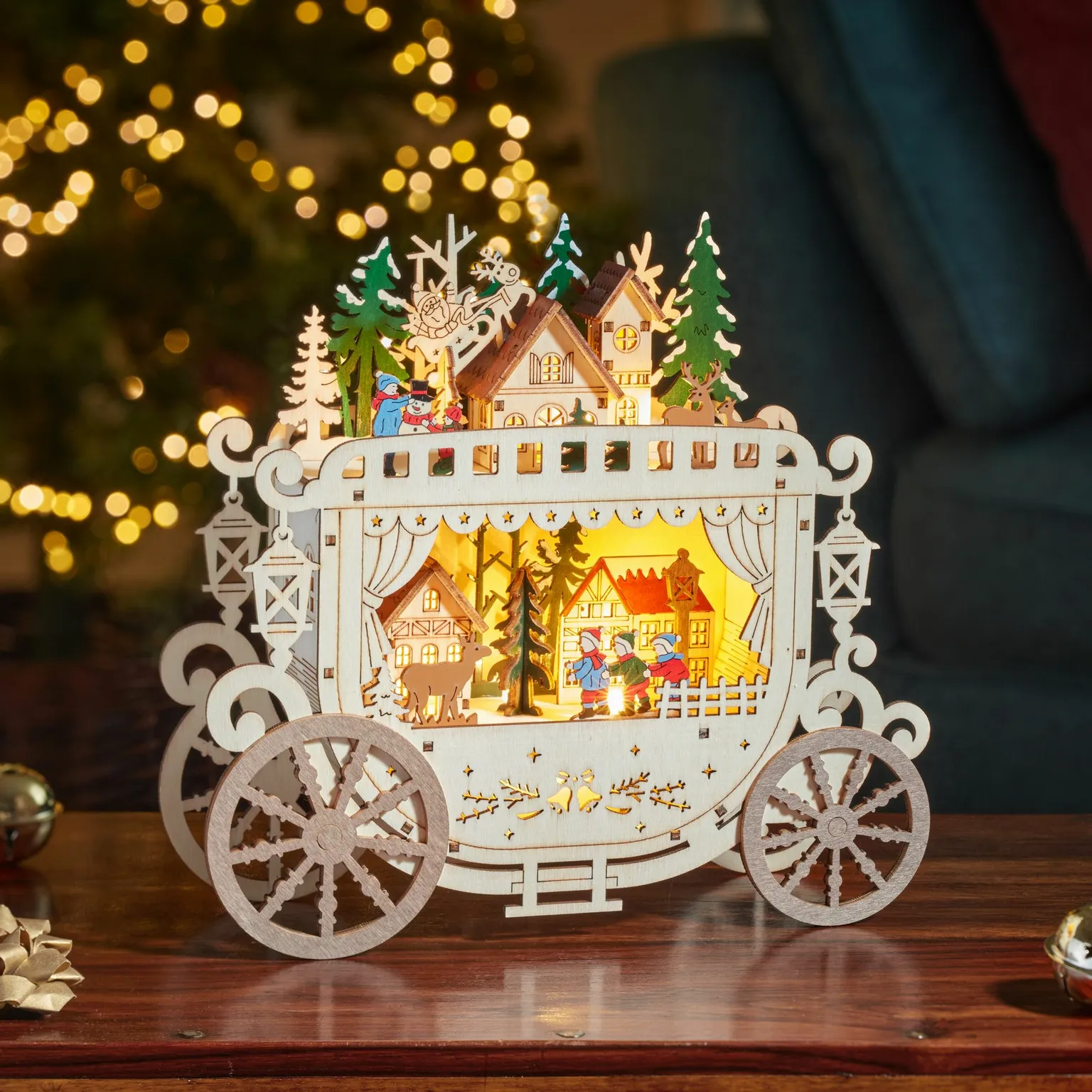 Wooden InLit Christmas Carriage - Cowell's Garden Centre | Woolsington